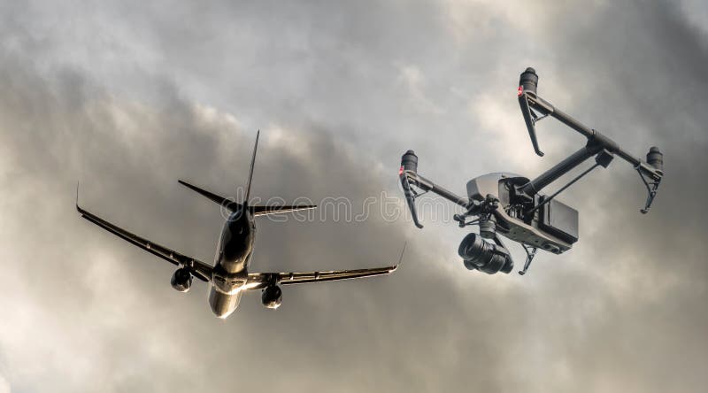Unmanned Drone Flying Near Planes and Airport Stock Photo - Image of ...