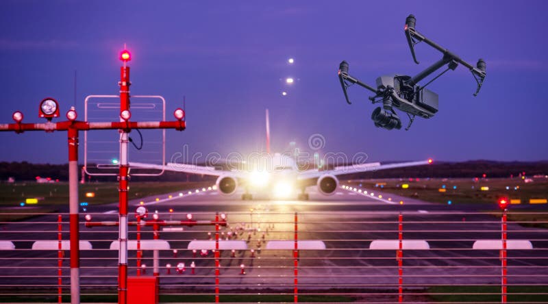 Unmanned Drone Flying Near Planes and Airport Stock Image - Image of ...