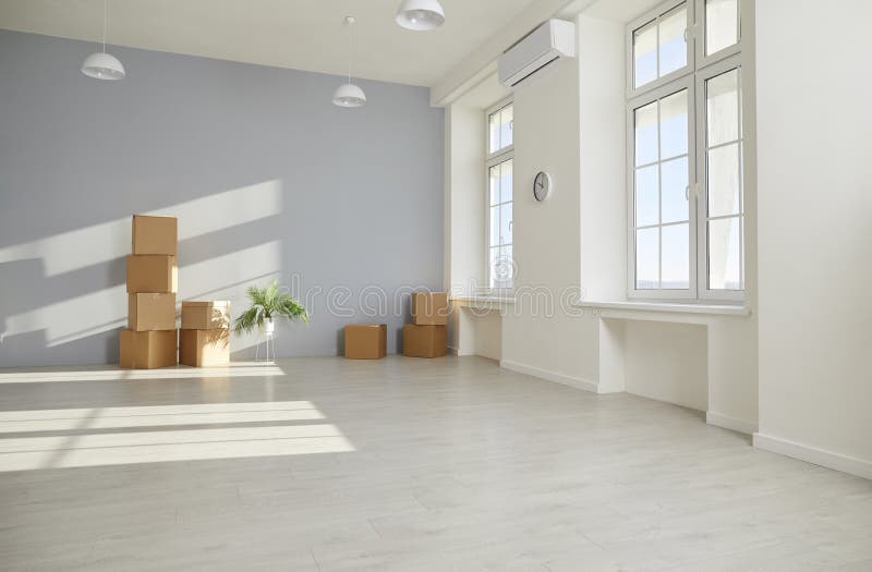 Unpacked Cardboard Boxes Stacked Floor Empty Room New Apartment Stock ...
