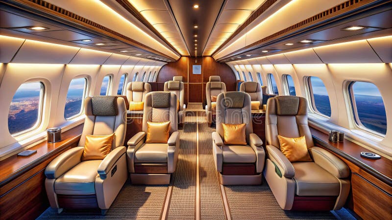 Unparalleled Luxury Awaits Panoramic View of Empty First Class Airplane ...