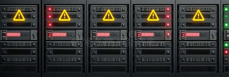Unplugged Server Rack with Activated Warning Lights in Open Upper ...