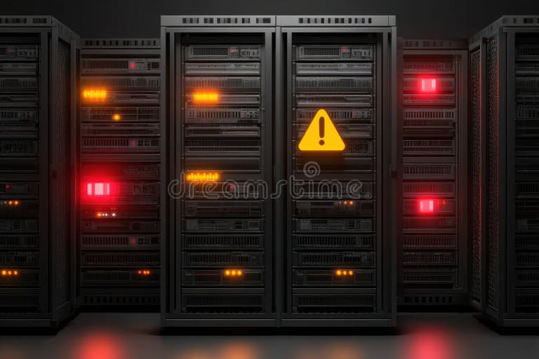 Unplugged Server Rack with Warning Lights and Open Upper Layout ...