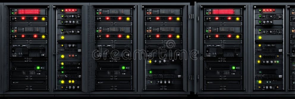 Unplugged Server Rack with Warning Lights and Open Upper Layout ...