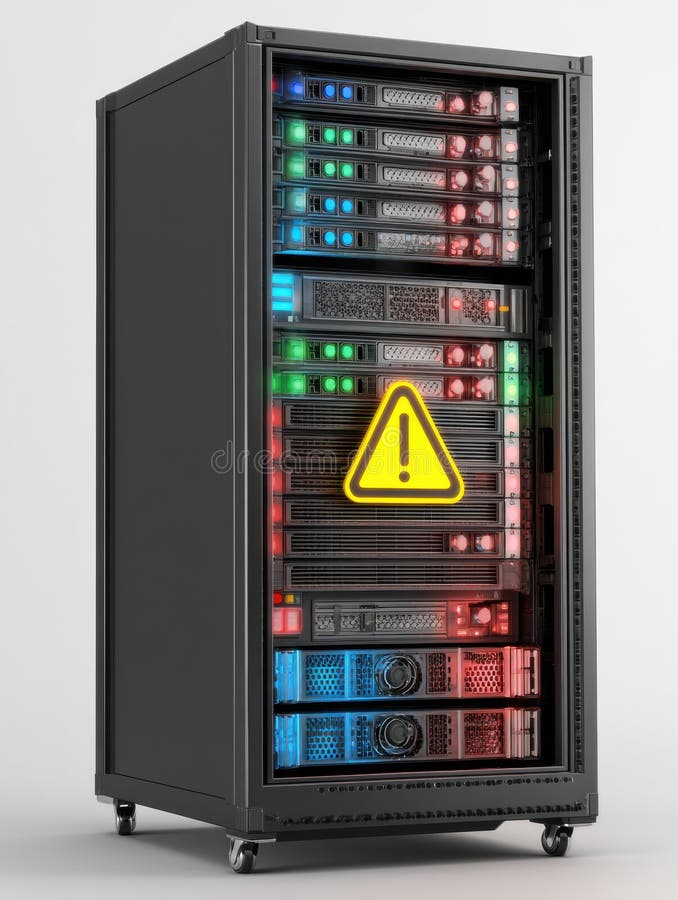 Unplugged Server Rack with Warning Lights Showing Open Upper Layout and ...