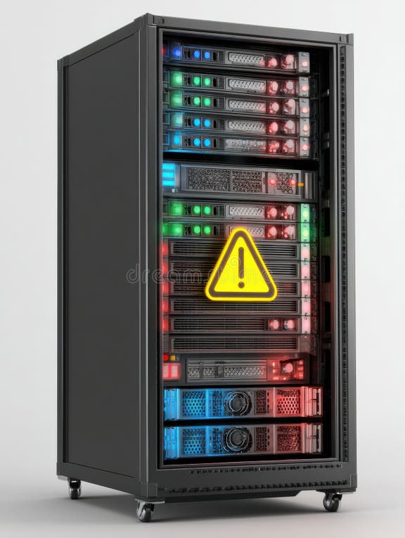 Unplugged Server Rack with Warning Lights Showing Open Upper Layout and ...