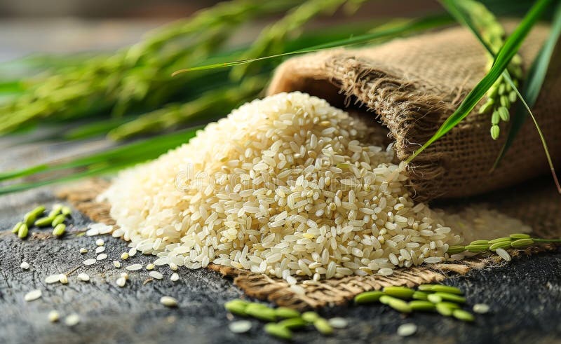 Unpolished Rice in Bag and Green Rice Plant Stock Photo - Image of ...