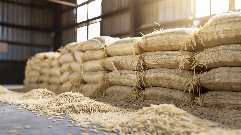 Unprocessed Rice Stacks in White Rice Mill Stock Illustration ...