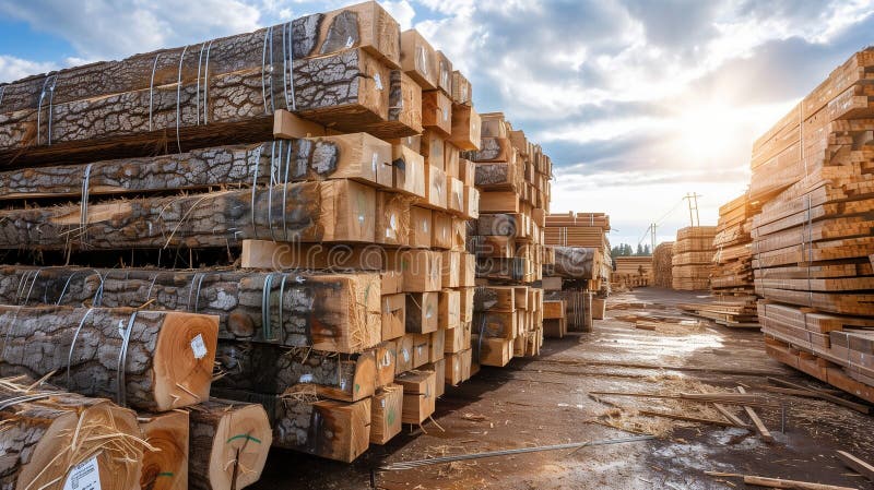 Unprocessed Timber Stacks in Lumberyard Stock Illustration ...