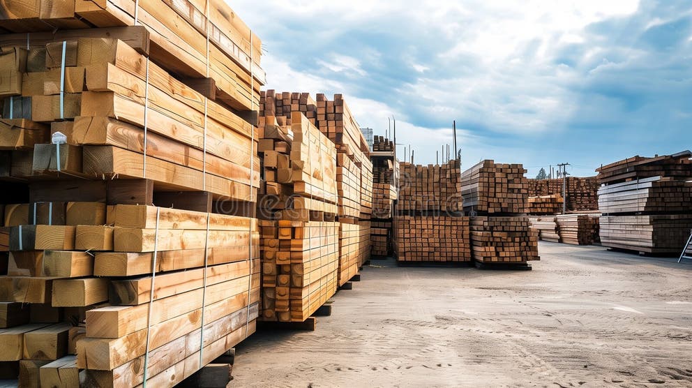 Unprocessed Timber Stacks in Lumberyard Stock Illustration ...