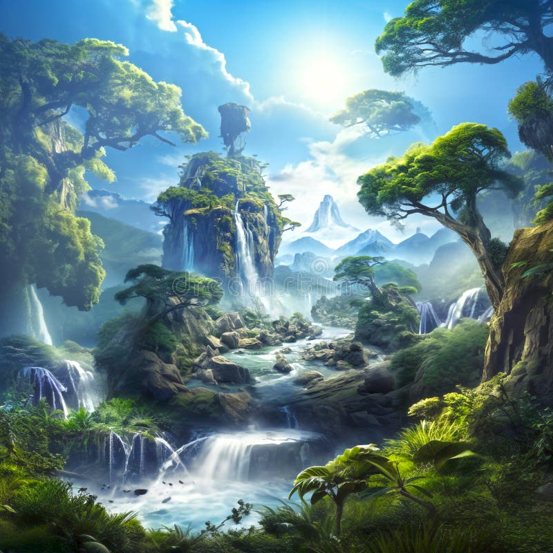 Unreal World Waterfall Tree Landscape Stock Illustration - Illustration ...