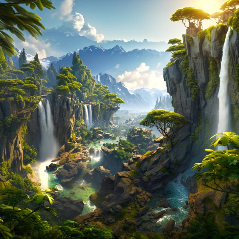 Unreal World Waterfall Tree Landscape Mountain Stock Illustration ...