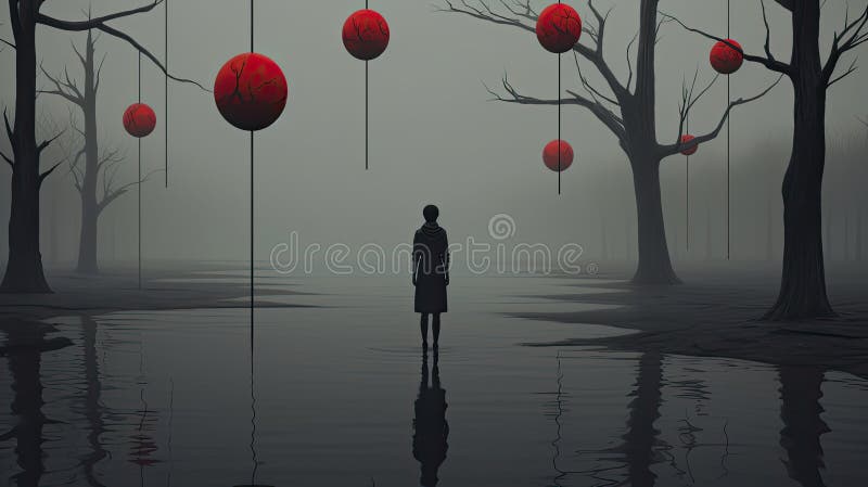 An Unrealistic Futuristic Forest with Tree Trunks and Large Red ...