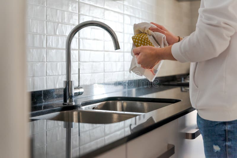 Unrecognisable Man Drying Dishes Stock Image - Image of feminist, home ...