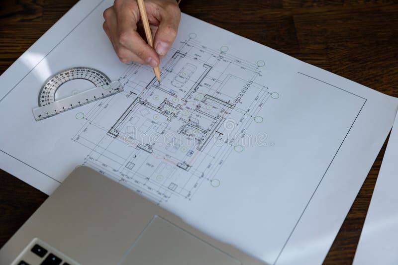 Architect Drawing Blueprint Sketching Design of House, Making ...