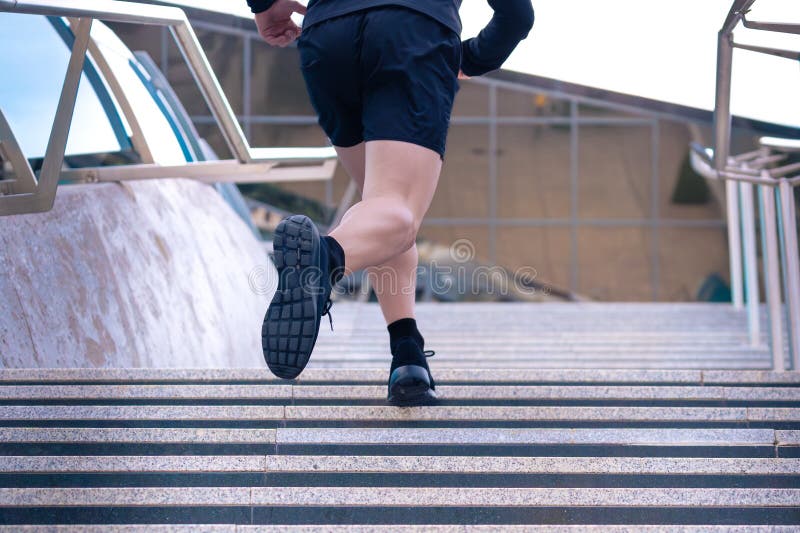 Unrecognizable Athlete, Running Down the Stairs, Doing Dynamic Exercise ...