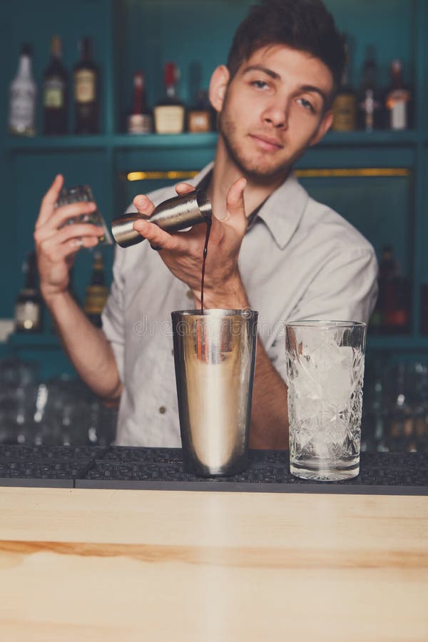 Bartender Pouring Syrup into Shaker Stock Image - Image of metal ...
