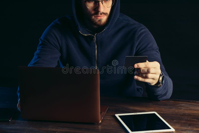 Unrecognizable Bearded Hacker Man Holding Card in Hand Stock Photo ...