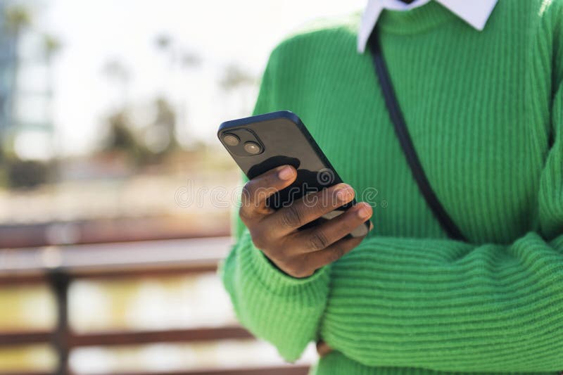 African Woman Smiling Happy Using Mobile Phone Stock Image - Image of ...