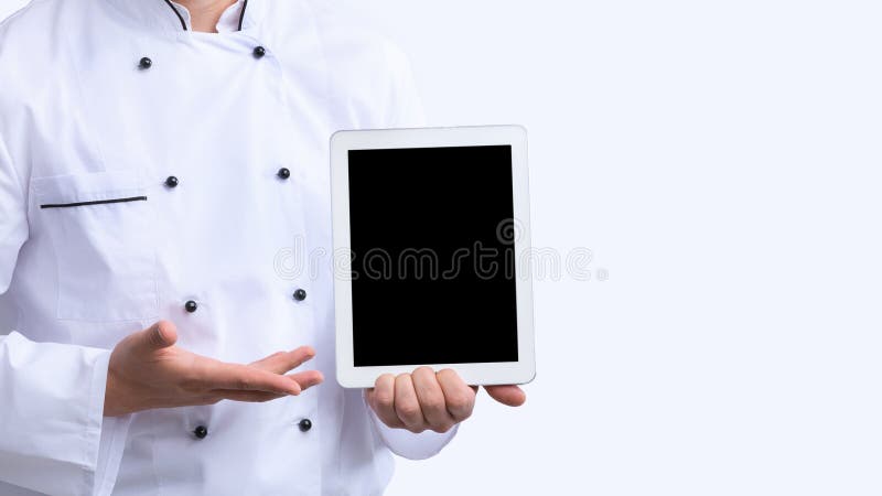 Unrecognizable Chef Showing Empty Tablet Screen Over White Background ...