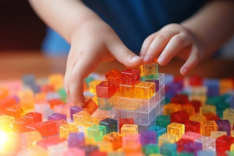 Unrecognizable Child Playing with Colorful Plastic Transparent Blocks ...
