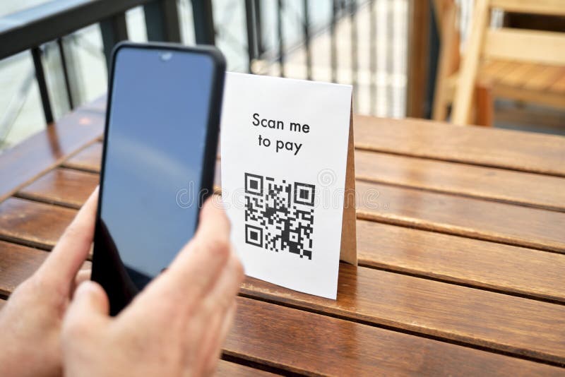 Unrecognizable Client Scanning a QR Code To Pay Cashless, Contactless ...