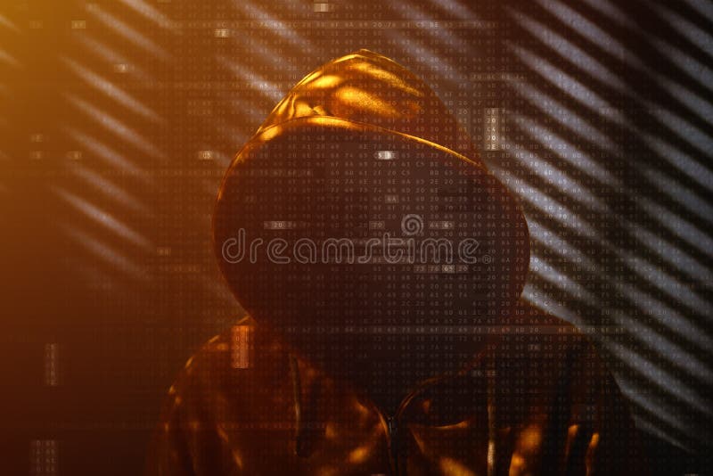 Unrecognizable Computer Hacker Wearing Yellow Hooded Jacket in Dark ...
