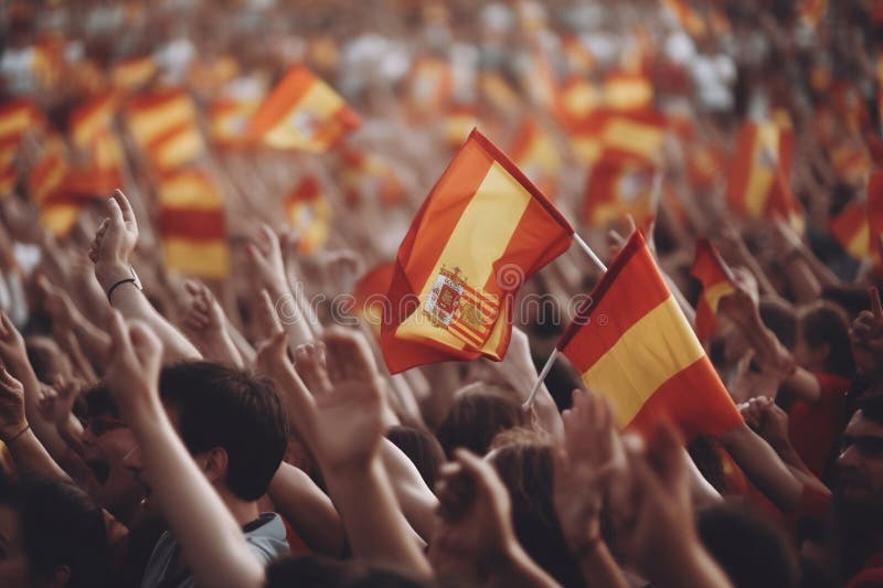 Unrecognizable Crowd Celebrating with Waving Flags of Spain, Generative ...