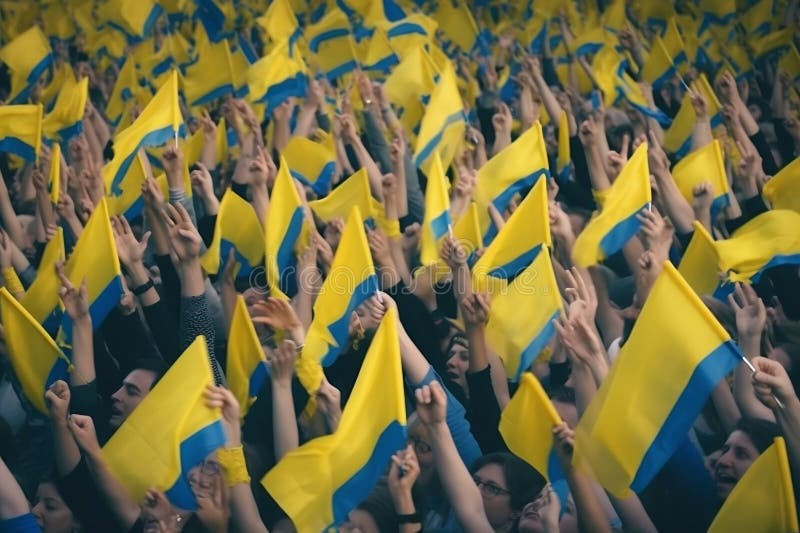 Generic Unrecognizable Crowd Cheering with Ukrainian Flag. Generative ...