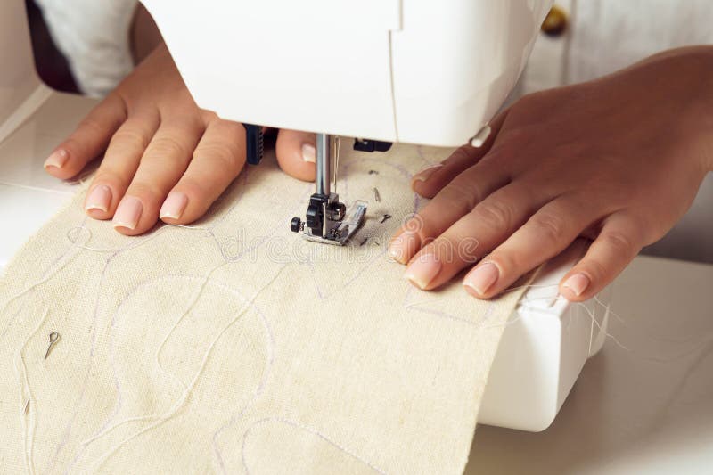 Unrecognizable Female Tailor Hands Put White Fabric Textile Pattern ...