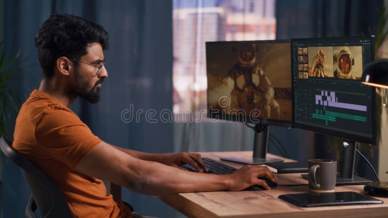 Unrecognizable Guy Editing Astronaut Video Stock Image - Image of ...