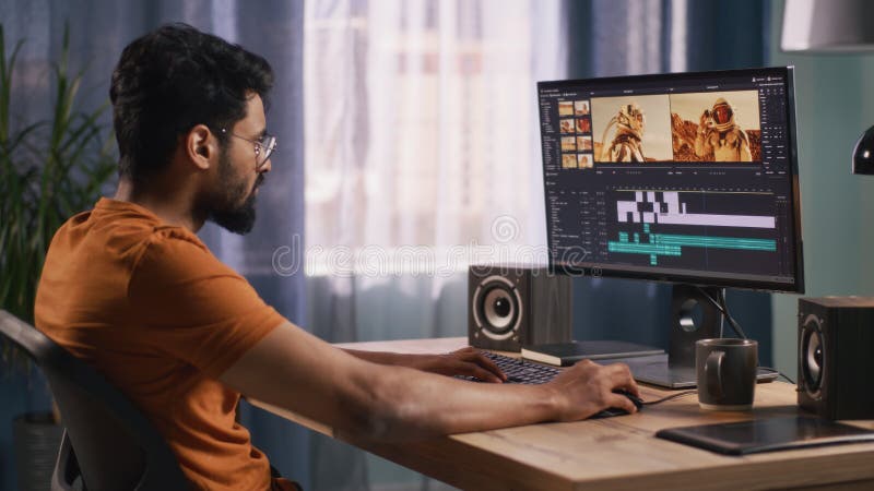 Unrecognizable Guy Editing Astronaut Video Stock Photo - Image of ...