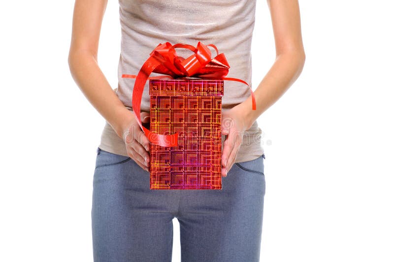 Surpris Female Holding the Christmas Present Stock Photo - Image of ...