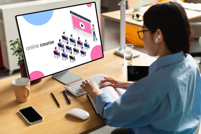 Unrecognizable Korean Woman Using Computer at Office, Studying Online ...