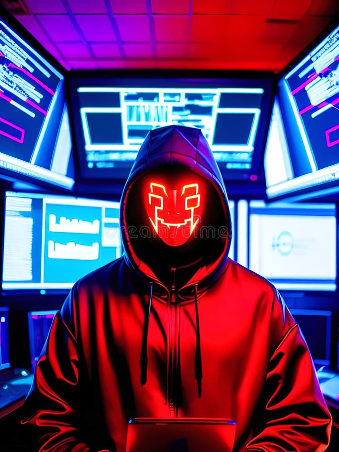 Unrecognizable Male Hacker in Dark Neon Room. Generative AI Stock ...