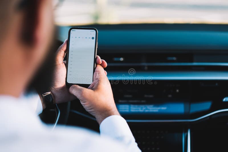 Unrecognizable Male Using Smartphone in Car Stock Image - Image of data ...