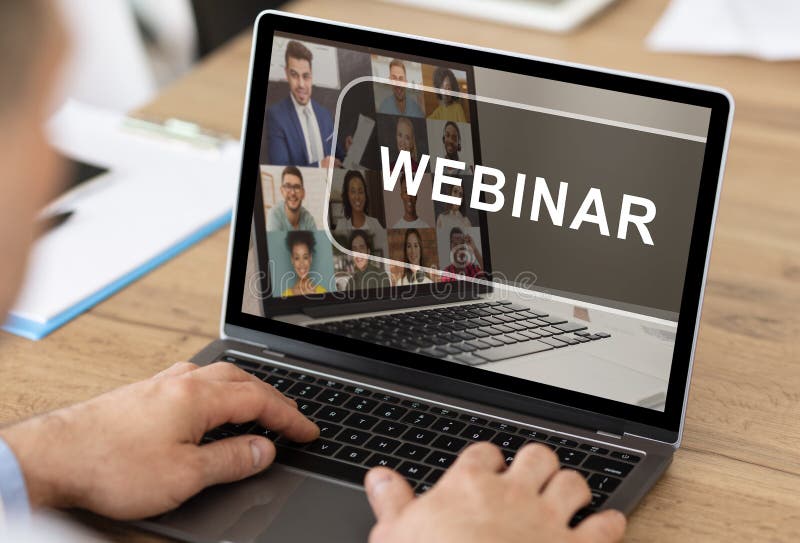 Unrecognizable Man Having Webinar on Laptop while Working in Office ...