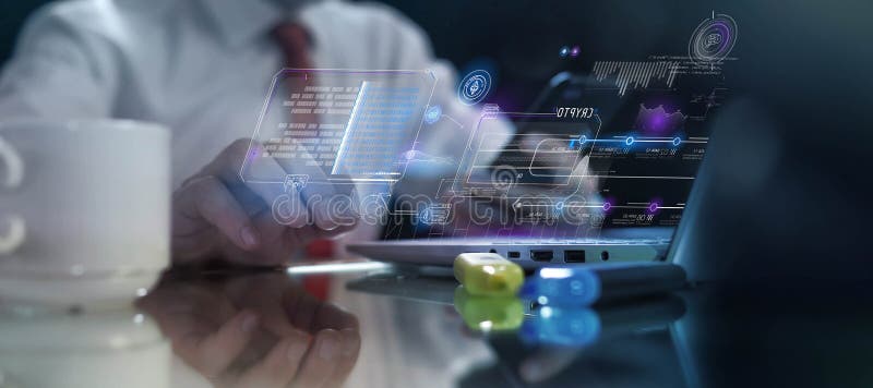 Unrecognizable Man at Laptop is Busy Blockchain Coding Stock Photo ...