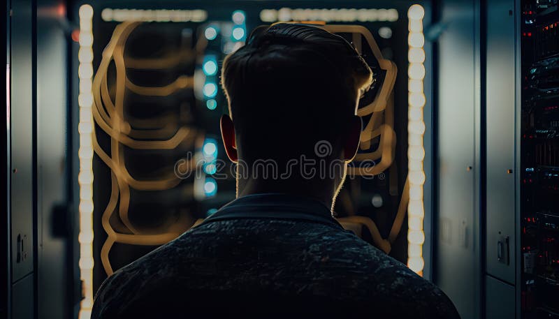 Unrecognizable Man in Server Room, Back View. Generative AI Stock ...