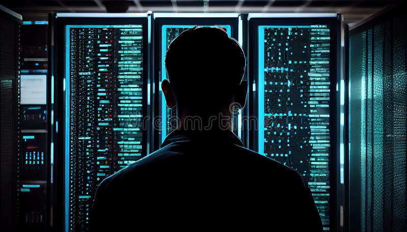 Unrecognizable Man in Server Room Neon Lights, Back View. Generative AI ...
