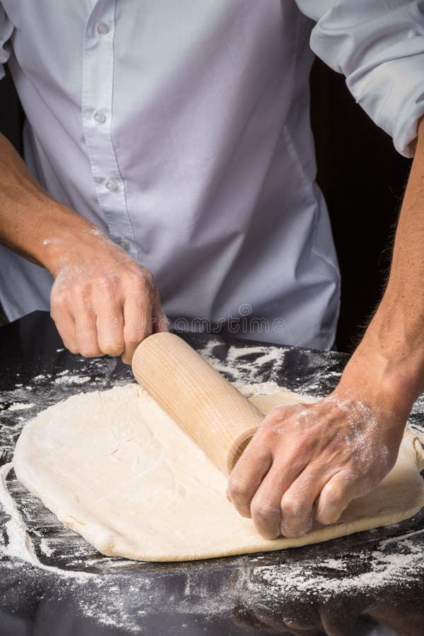 Unrecognizable Man Using Rolling Pin on Dough Stock Image - Image of ...