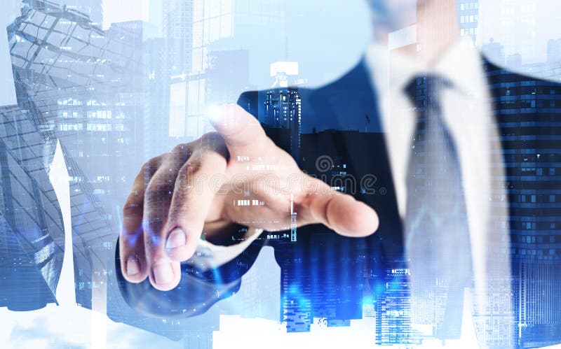 Unrecognizable Man Using Virtual Screen in City Stock Image - Image of ...