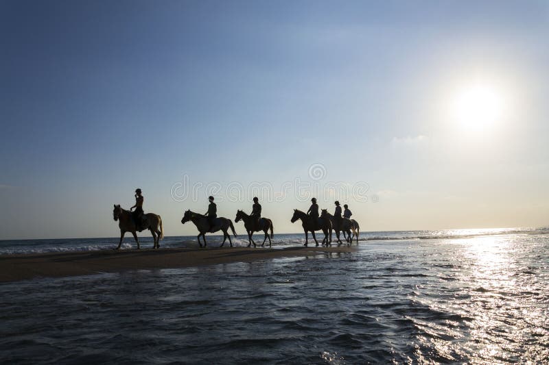 Unrecognizable People Riding Horses on the Beach at Dawn, Crete, Greece ...