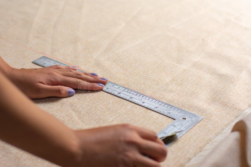 Unrecognizable Person is Measuring Fabric Using Rules Stock Photo ...