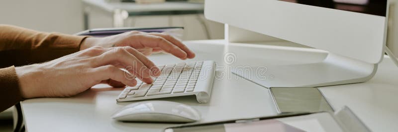Unrecognizable Person Texting on Computer in Office Website Header ...