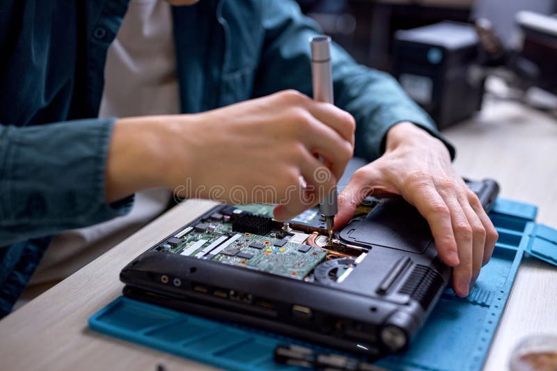 Unrecognizable Specialist Replacing Details in Computer Repair Workshop ...