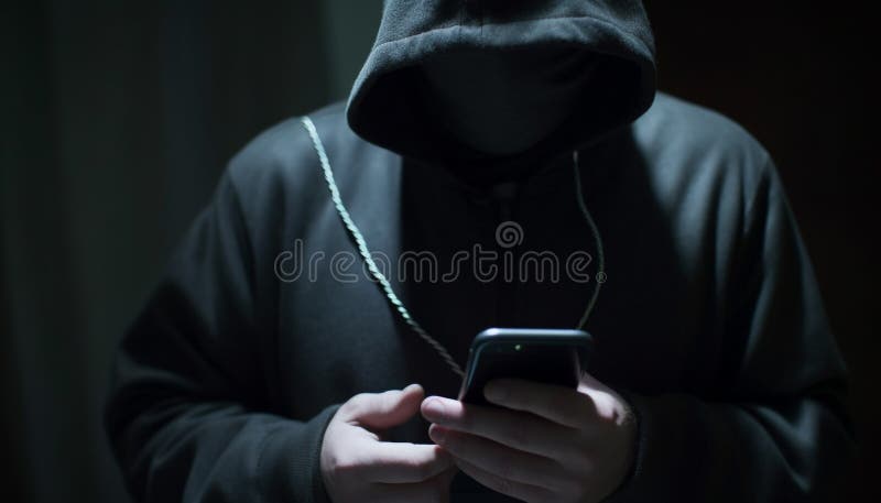 Unrecognizable Thief Holding Smart Phone in Dark, Texting for Burglary ...
