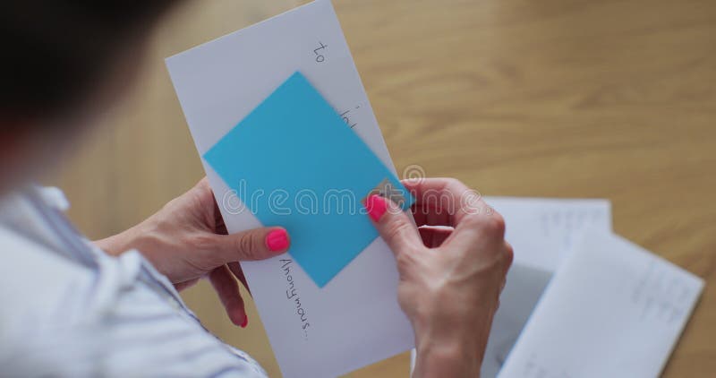 Unrecognizable Woman Checking Mail Holding Papers Documents. Caucasian ...