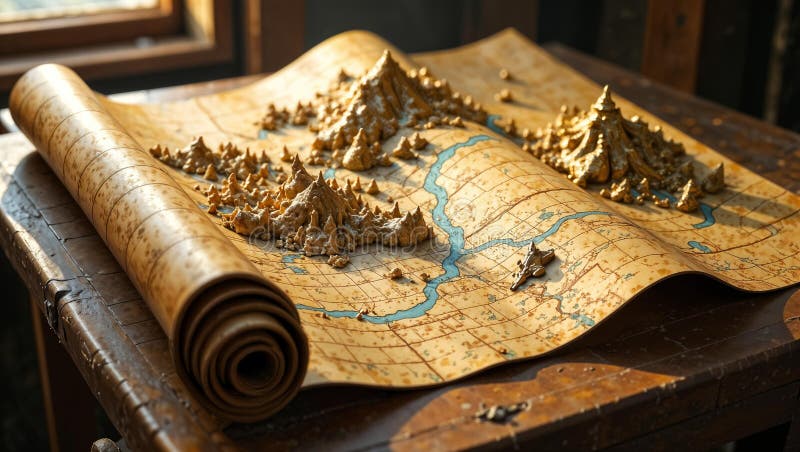 Unrolled Scroll of Magic Map with Relief Volumetric Hills Stock Photo ...