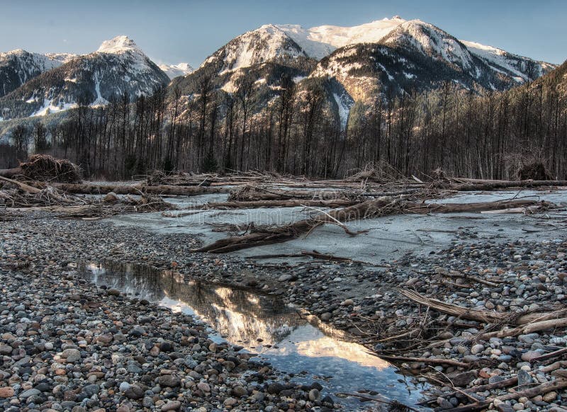 Unsaturated Dark Riverside Mountain Relection Stock Image - Image of ...