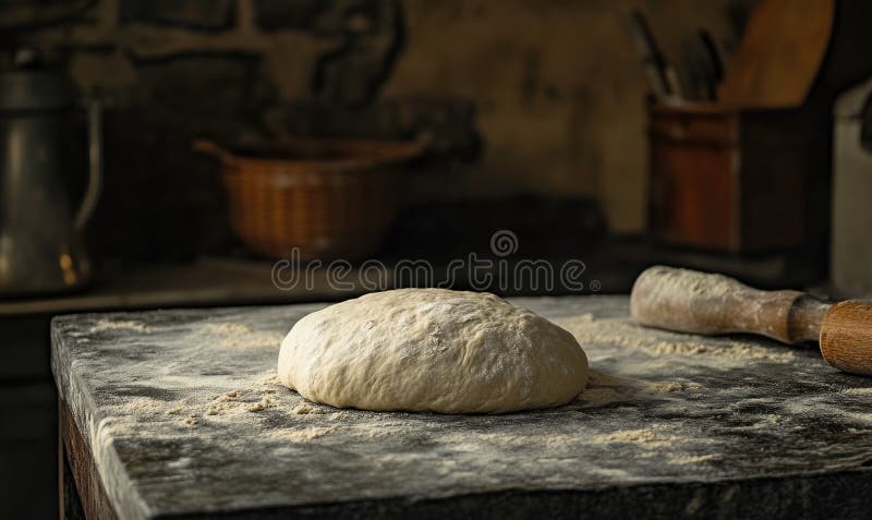 Unshaped Bread Dough on a Stone Table, Rustic Kitchen Stock Photo ...